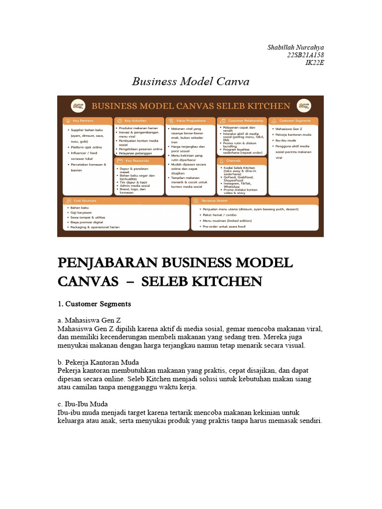 Business Model Canvas Seleb Kitchen | PDF