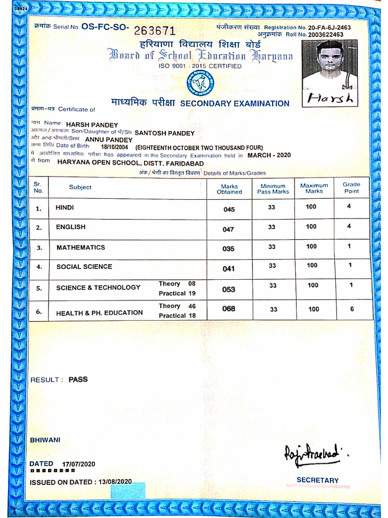 10 TH Mark Sheet | PDF