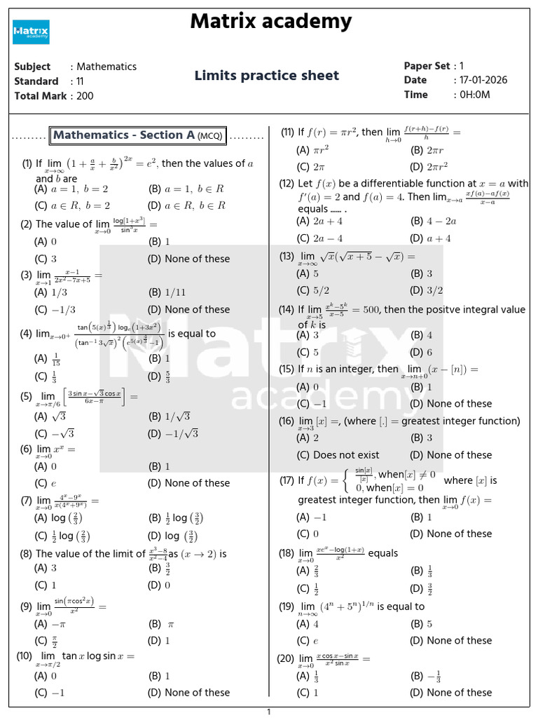 Limits Practice Sheet for Class 11 | PDF | Algebra | Mathematical Concepts