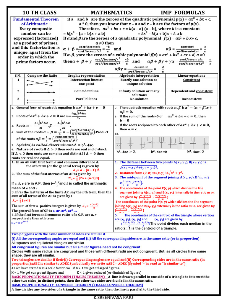 Essential 10th Grade Math Formulas | PDF | Factorization | Polynomial