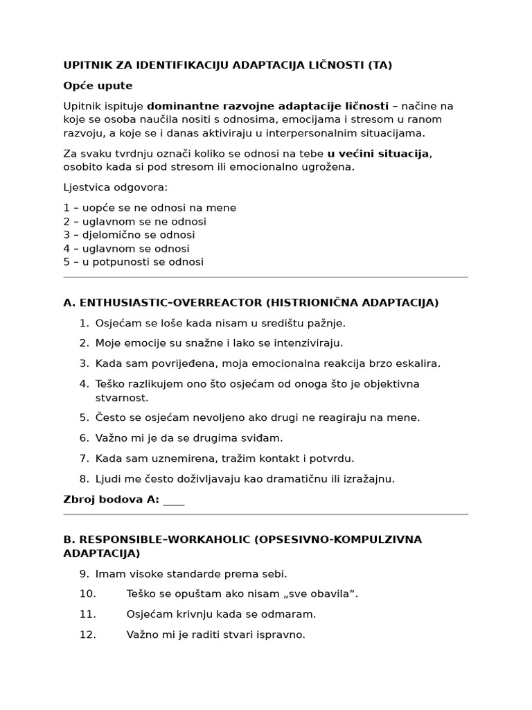 Upitnik Za Identifikaciju Adaptacija Ličnosti | PDF