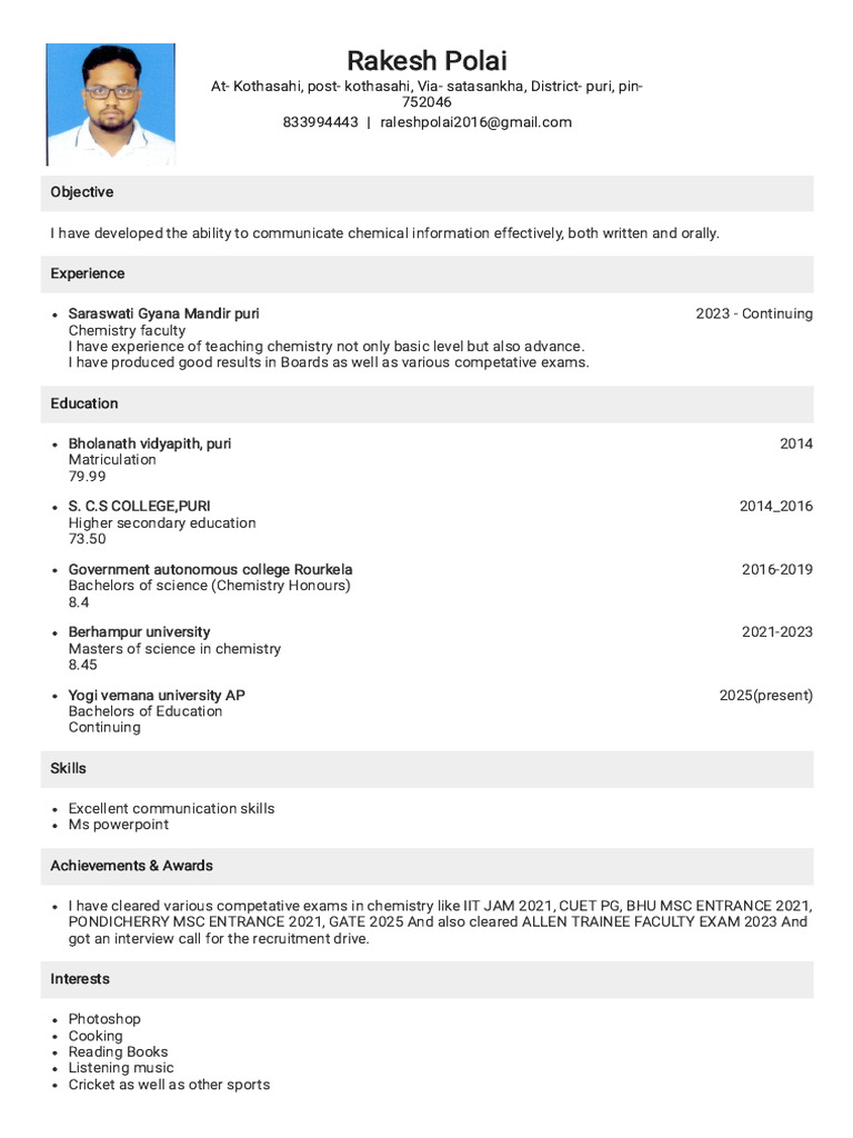 Chemistry Faculty Resume of Rakesh Polai | PDF