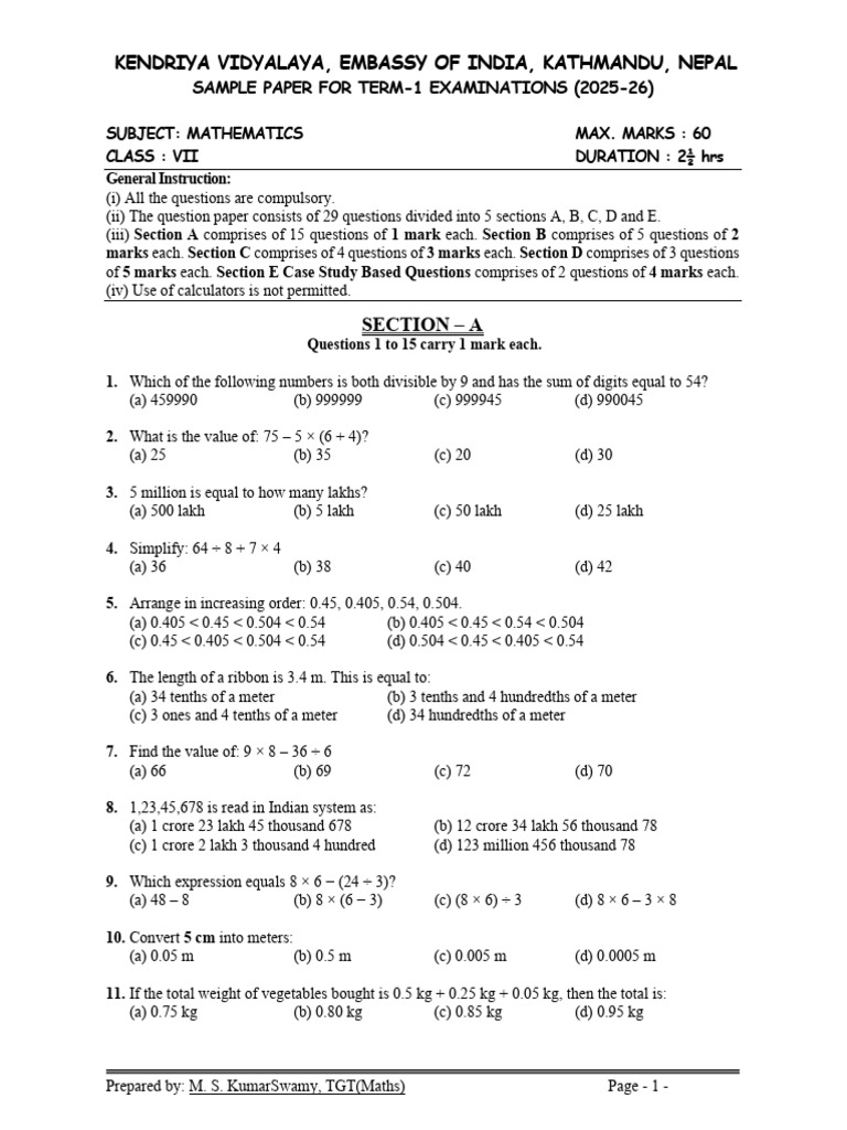 Class VII Mathematics Sample Paper 2025-26 | PDF