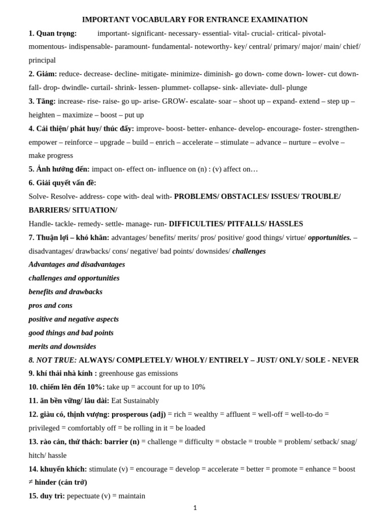 Key Vocabulary for Entrance Exams | PDF