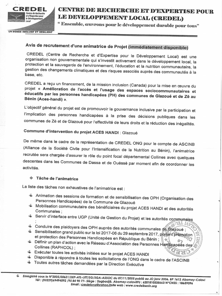 AVIS Recrutement Animatrice Projet CREDEL | PDF