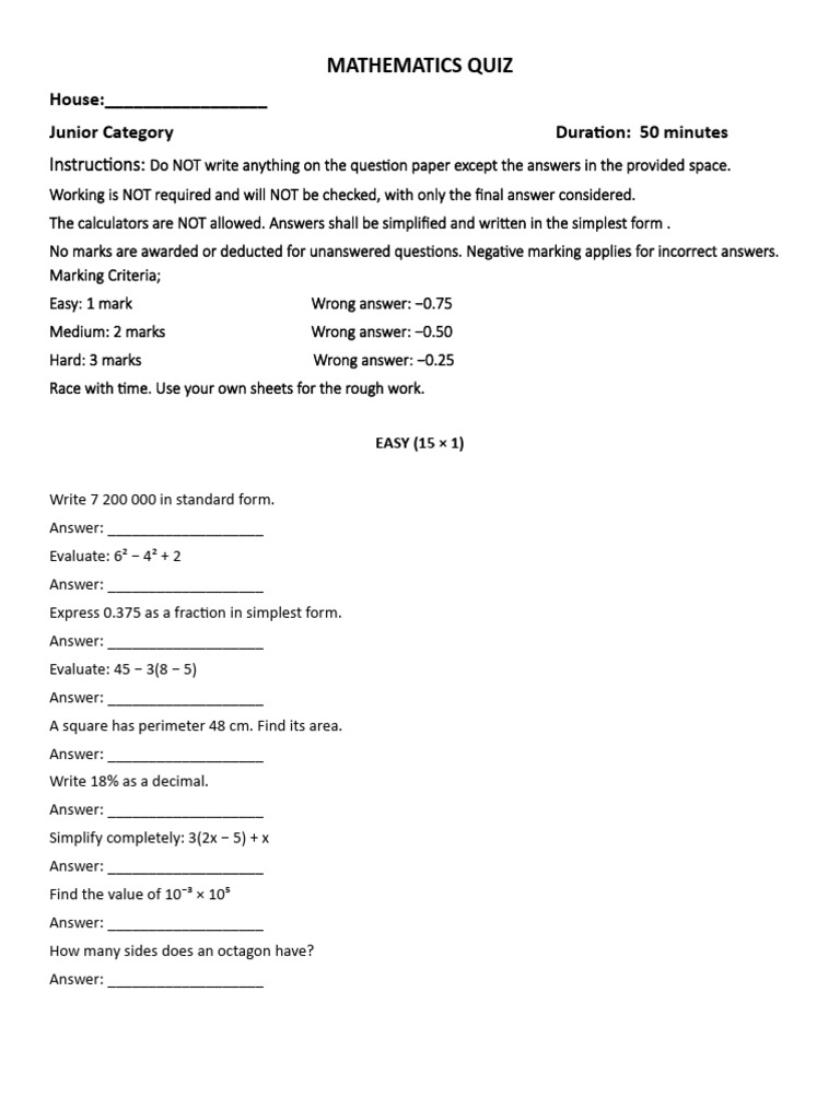Junior Mathematics Quiz Instructions | PDF | Area | Mathematics
