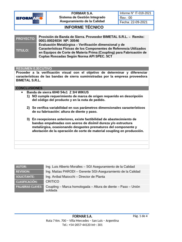 Informe Evaluación Bandas de Sierra - Proveedor BIMETAL | PDF