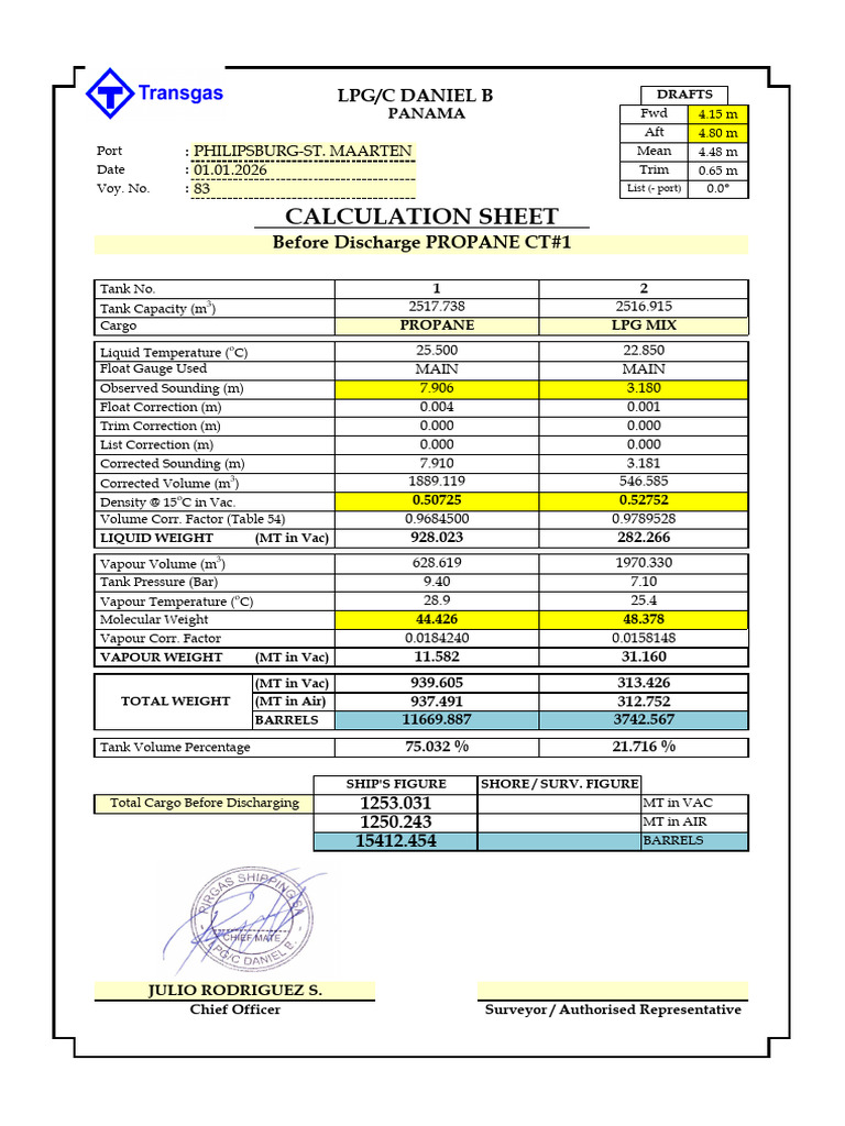 LPG Cargo Calculation Sheet | PDF | Physical Quantities | Gases
