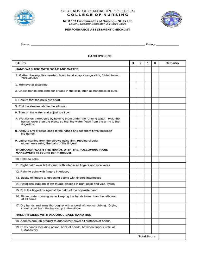 Nursing Skills Lab Performance Checklist | PDF | Hand Washing | Hand