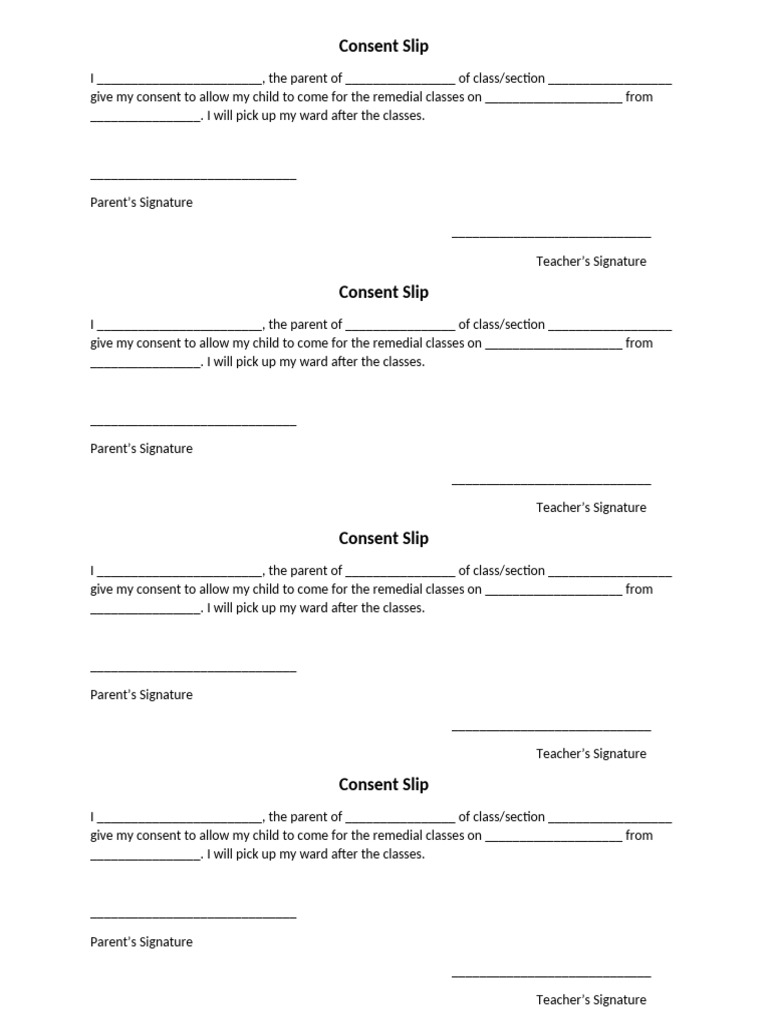 Remedial Classes Consent Slip Template | PDF