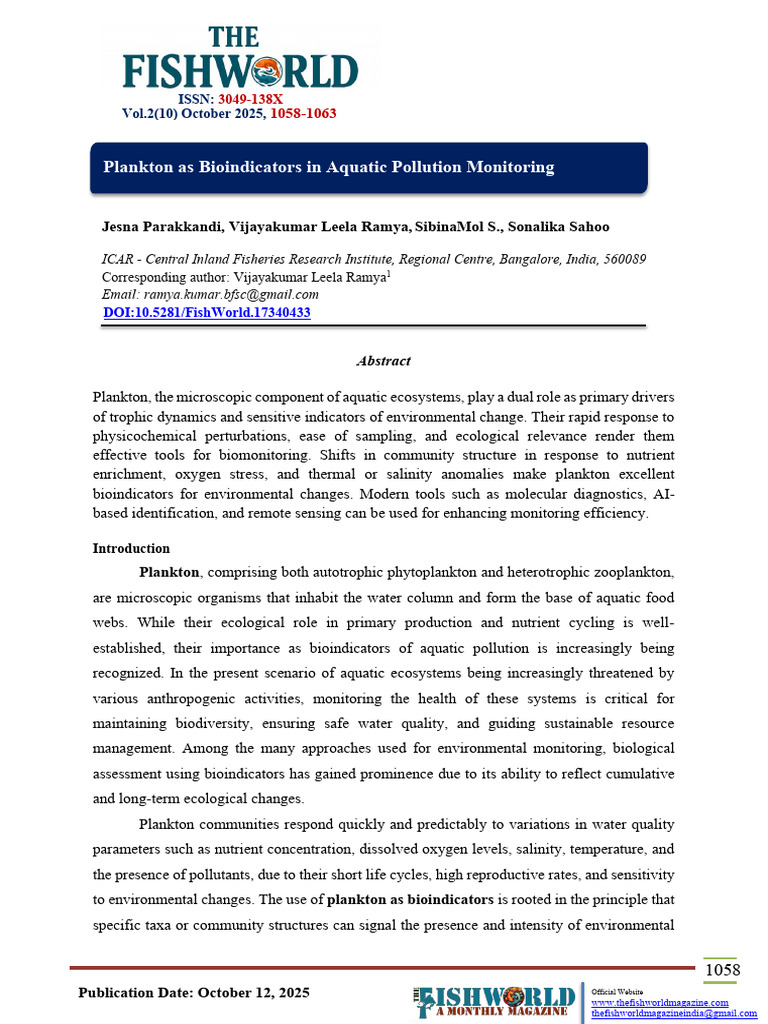 Plankton as Bioindicators of Pollution | PDF | Plankton | Eutrophication