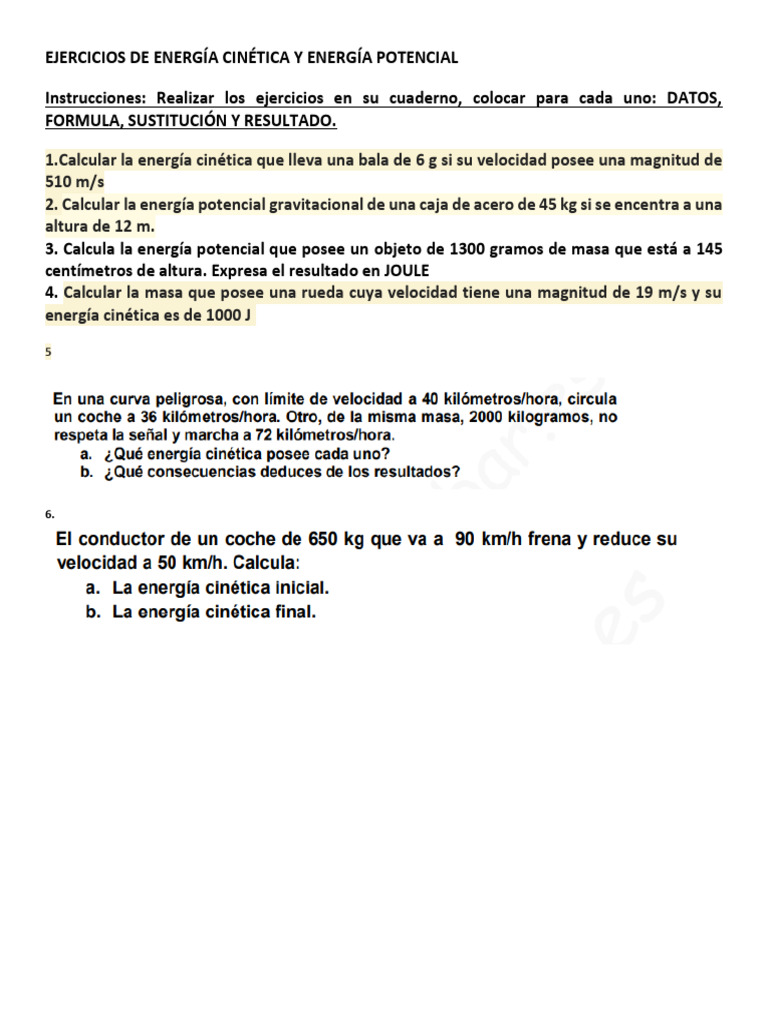 Ejercicios de Energía Cinética y Potencial | PDF