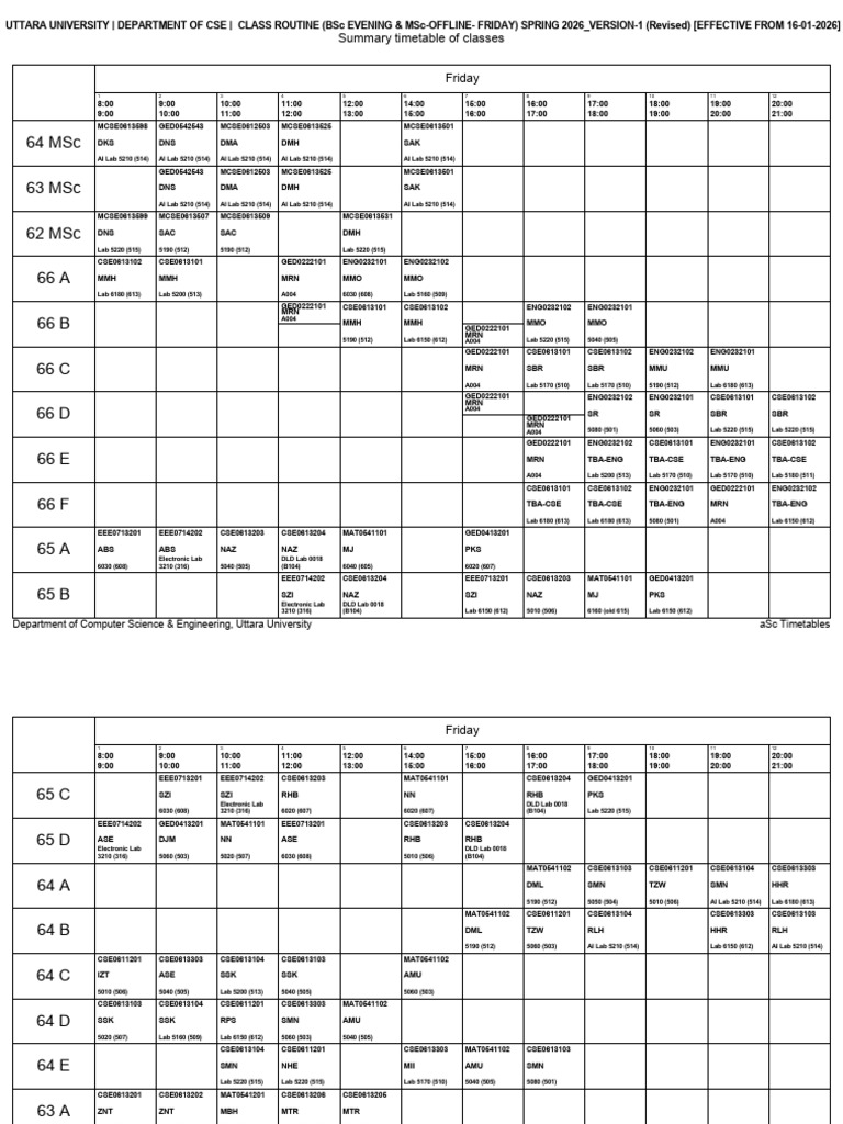 BSc (Evening) & MSc Offline Class Routine Spring 2026 Version-1 ...