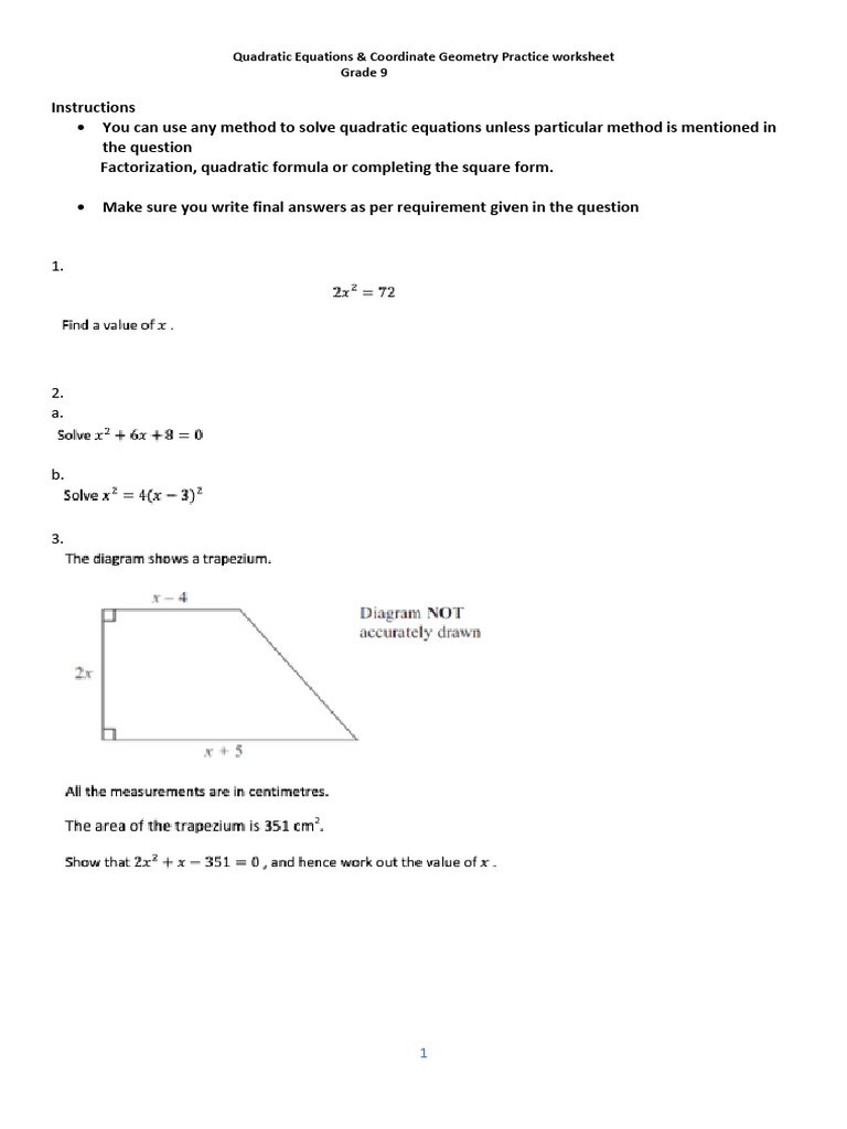 Quadratic Equations Coordinate Geometry Practice Worksheet | PDF