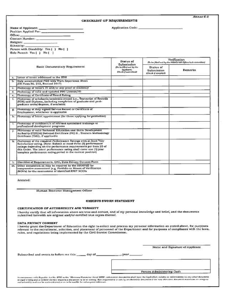 For DepEd 20, s2024 ANNEX C 1 (TEACHING) - Checklist of Requirements and Omnibus Sworn Statement ...