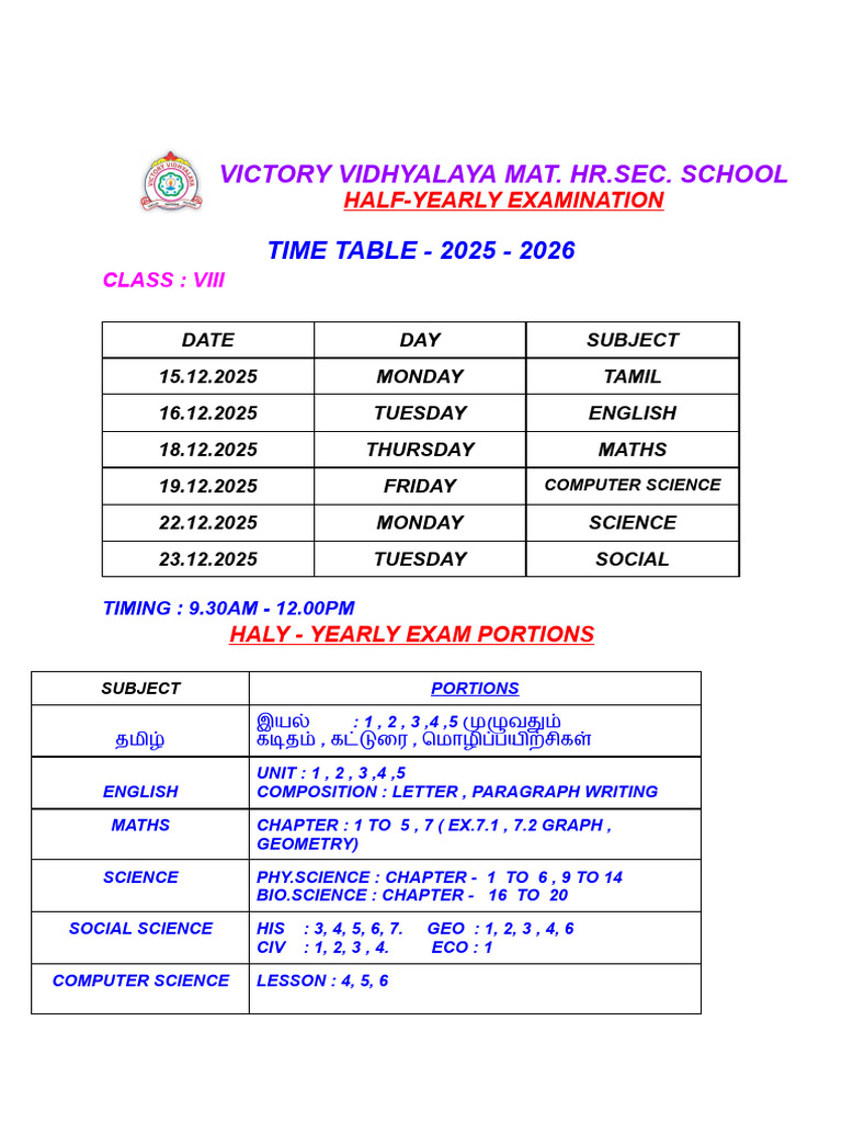 Grade - 8 - Hy. Time Table | PDF