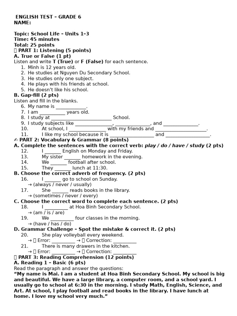 Grade 6 English Test: School Life Units 1-3 | PDF