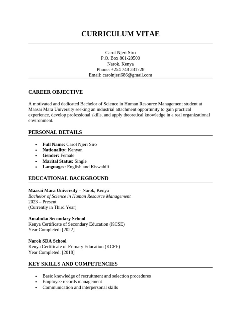 Carol Njeri Siro CV for HR Internship | PDF