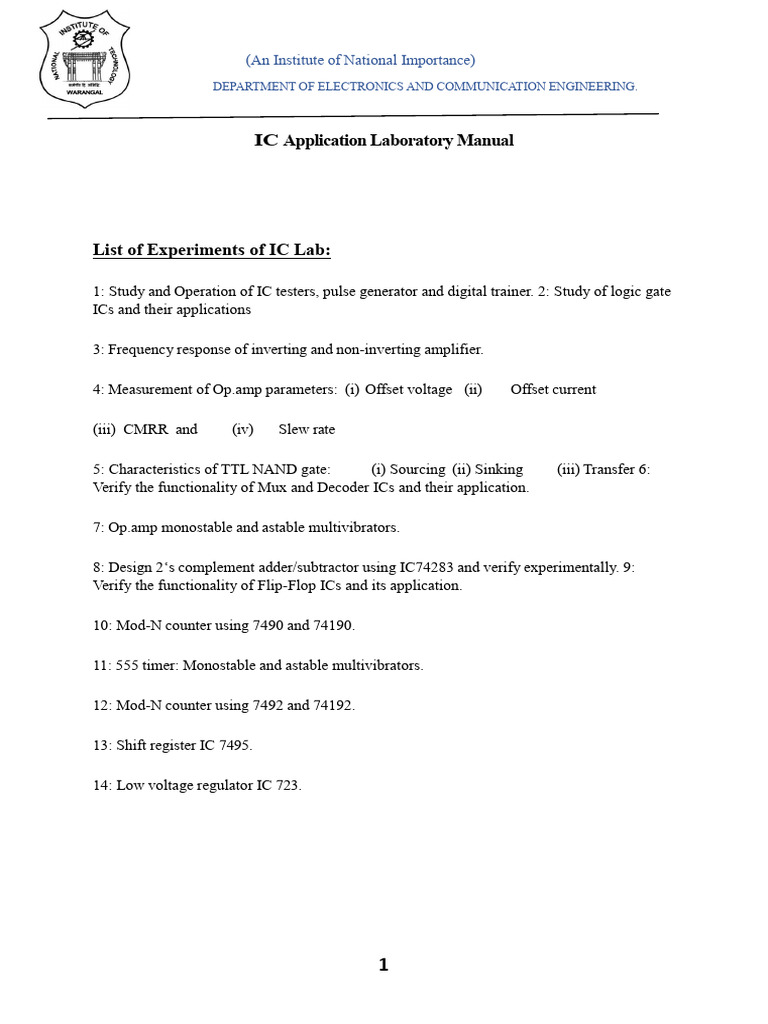 IC Lab Manual | PDF | Operational Amplifier | Amplifier