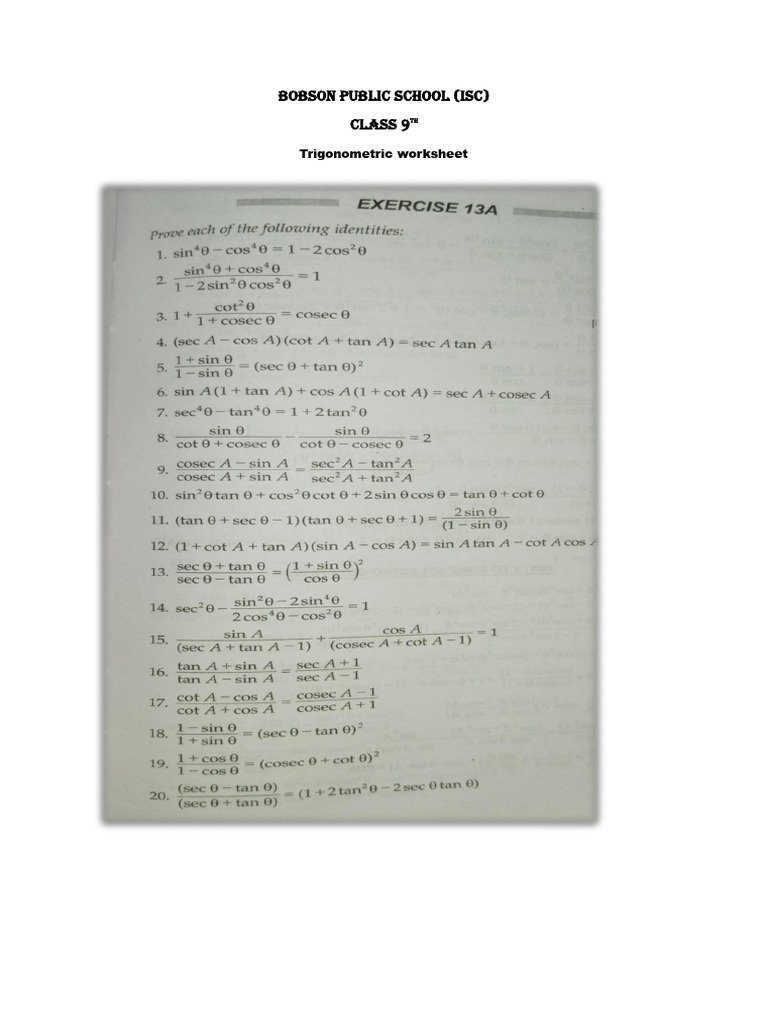 Trigonometry Identities Class 9th | PDF