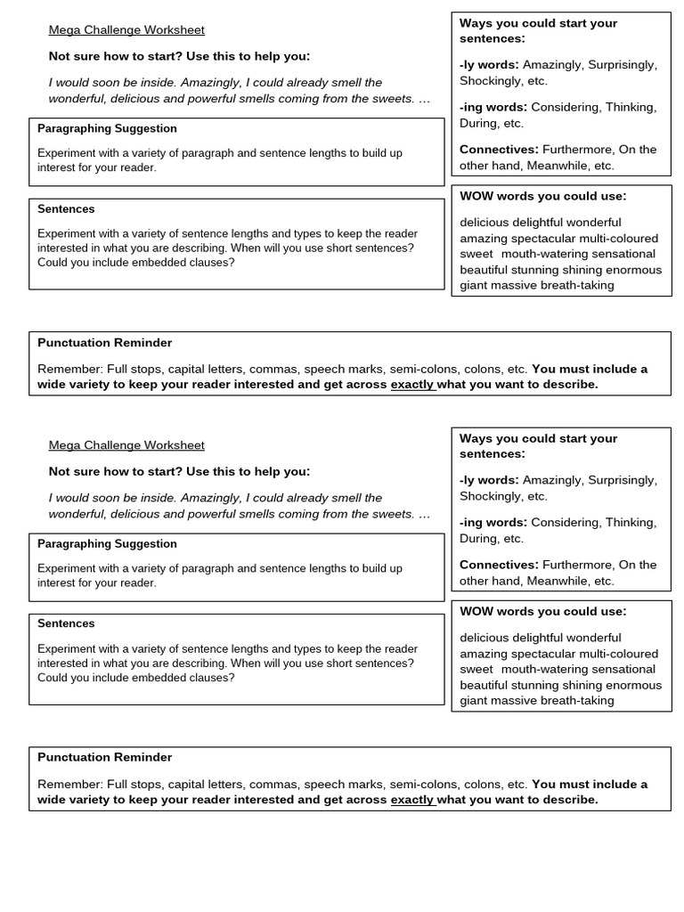 Mega Challenge Writing Worksheet | PDF | Sentence (Linguistics) | Grammar