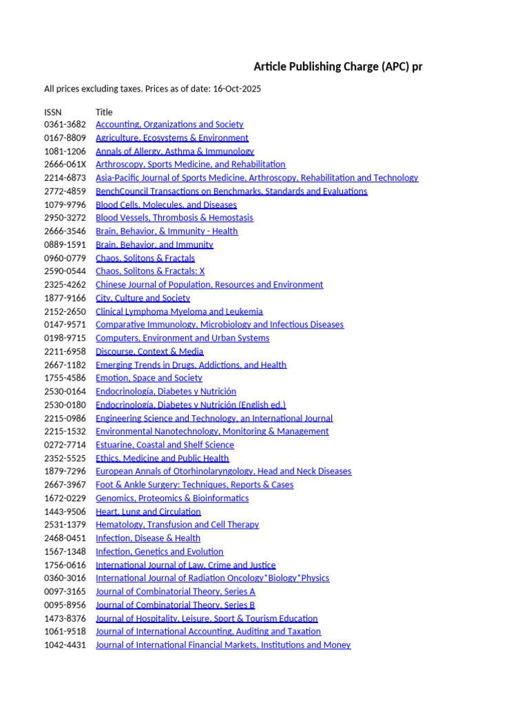 APC Price List for Academic Journals | PDF | Computational Biology ...