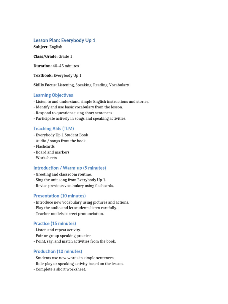 Grade 1 English Lesson Plan: Everybody Up 1 | PDF