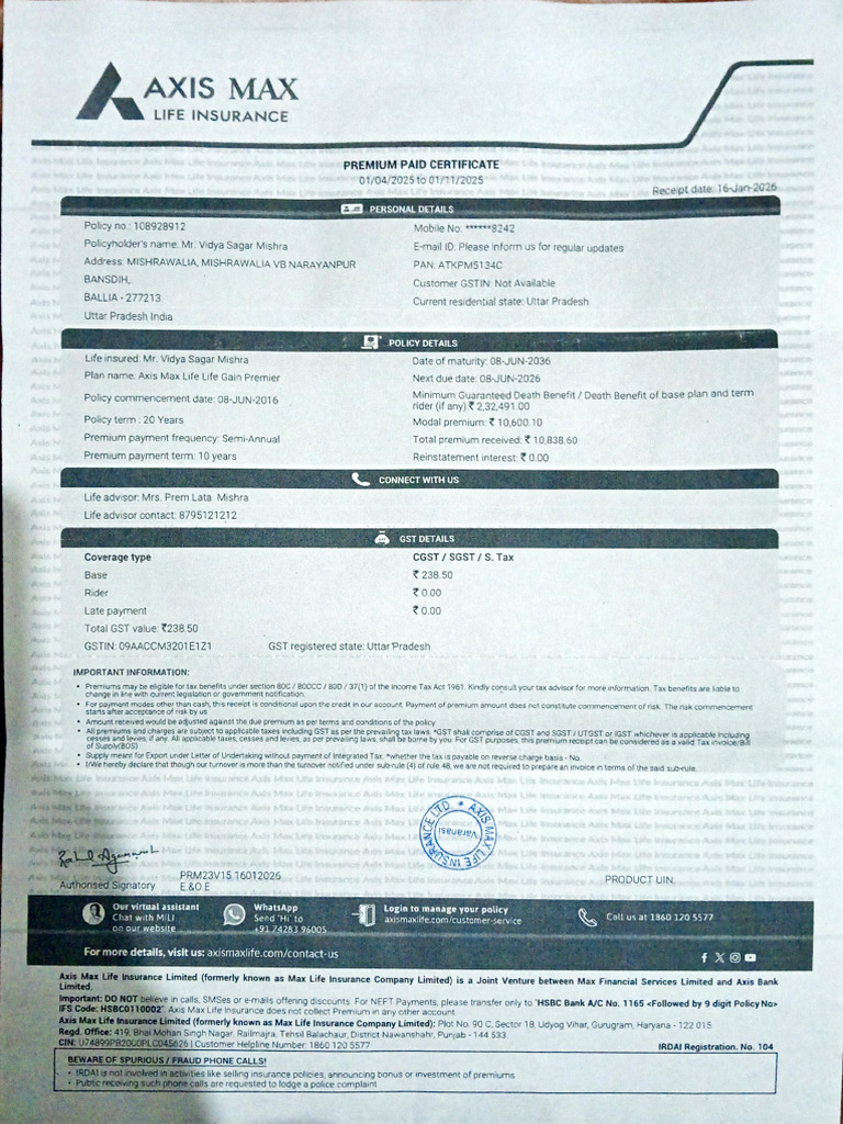 V S Mishra Max Life Premium | PDF | Insurance | Life Insurance