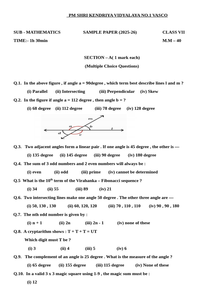 Class VII Mathematics Sample Paper 2025-26 | PDF | Angle | Geometry