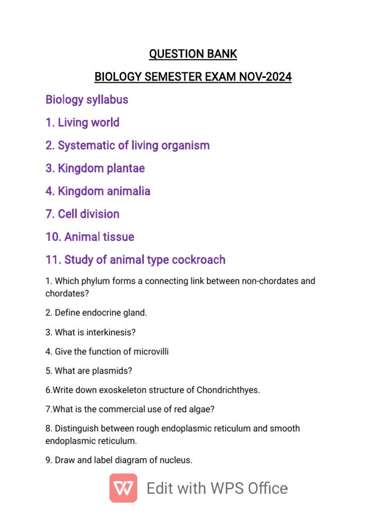 Biology Semester Exam Question Bank 2024 | PDF | Cell (Biology) | Mitosis