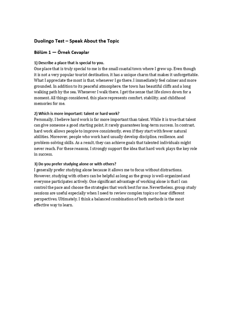 Duolingo Test Speaking Topics Explained | PDF