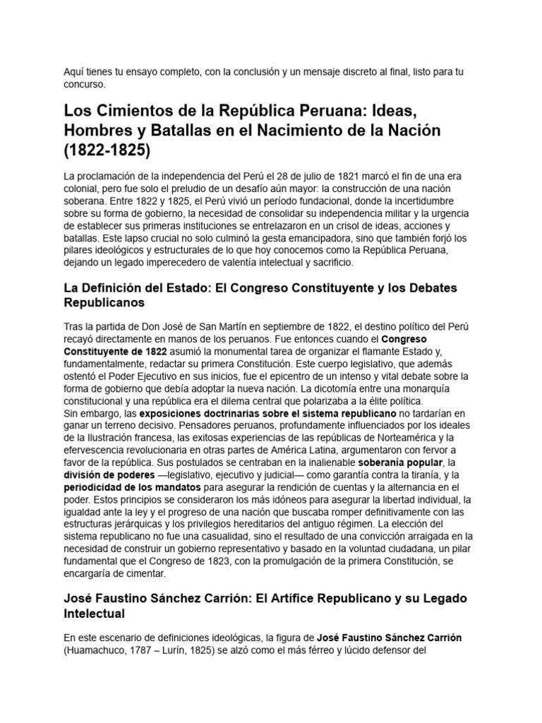 Fundamentos de la República Peruana (1822-1825) | PDF | Perú | República
