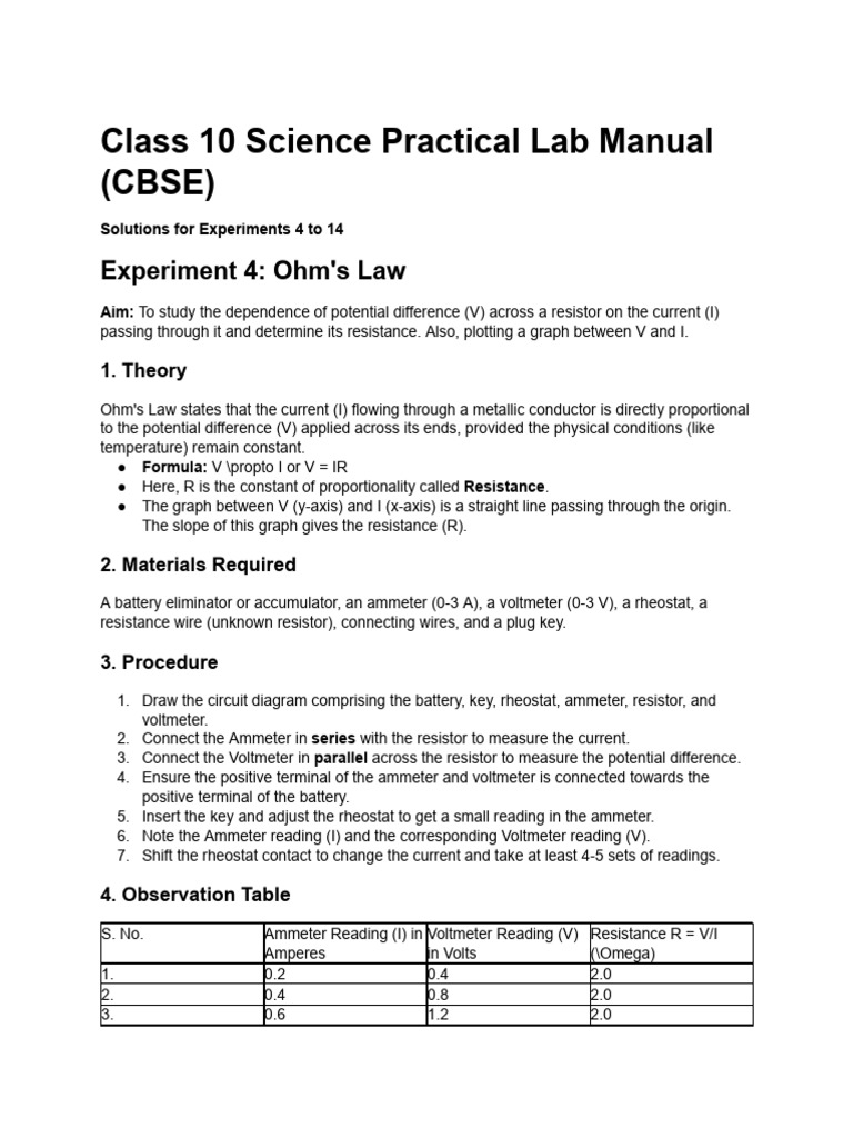 Class 10 Science Lab Manual: Experiments 4-14 | PDF | Voltage | Resistor