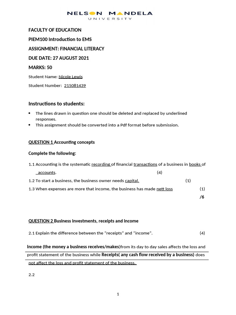 Financial Literacy Assignment Overview | PDF | Expense | Banks