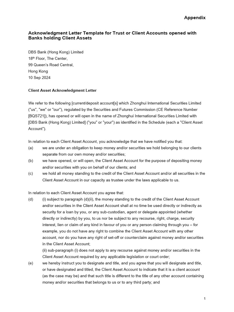 Client Asset Acknowledgment Letter Template | PDF | Banks | Securities ...