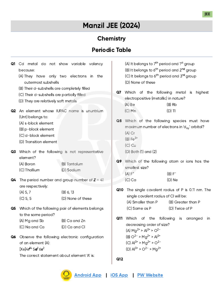 JEE 2024 Chemistry Periodic Table Quiz | PDF | Ionic Bonding | Periodic ...