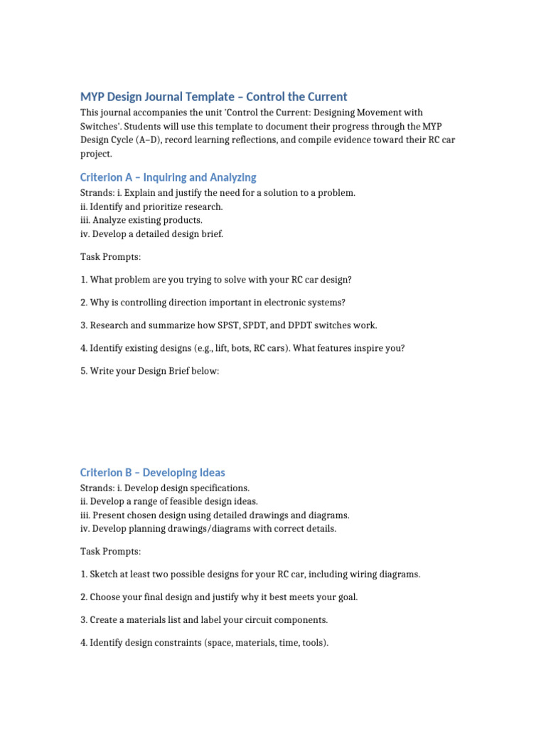 MYP Design Journal for RC Car Project | PDF | Design | Cognition