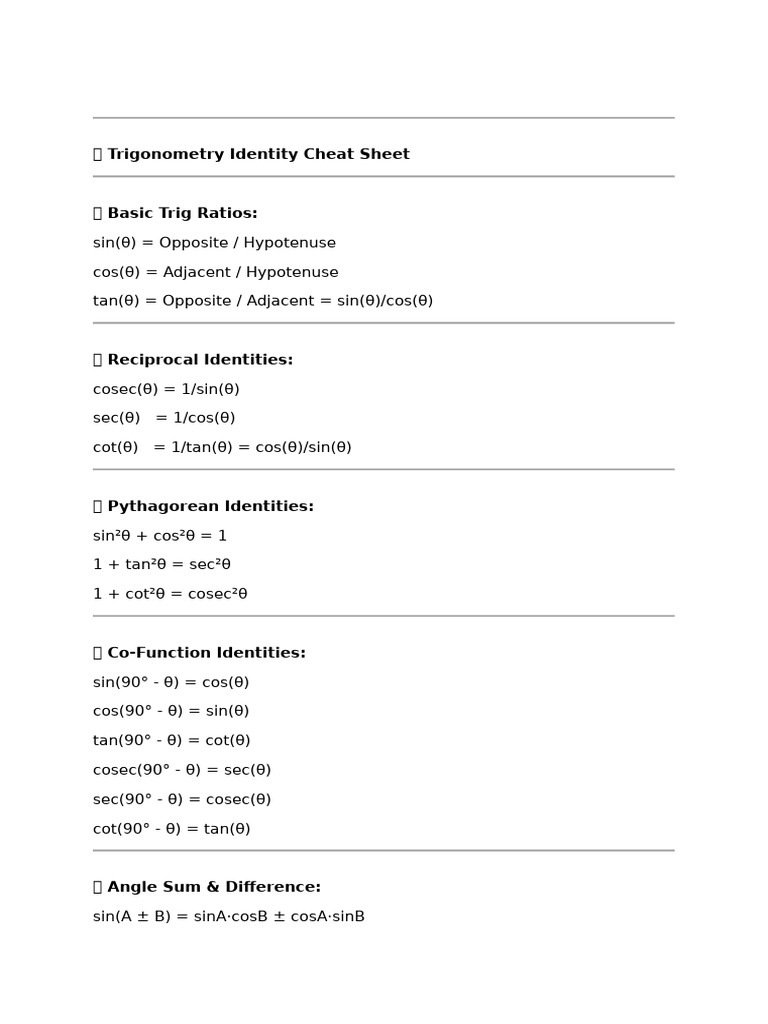 ? Trigonometry Identity Cheat Sheet | PDF