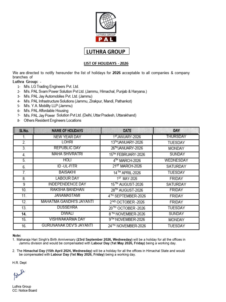 Luthra Group Holidays 2026 List | PDF