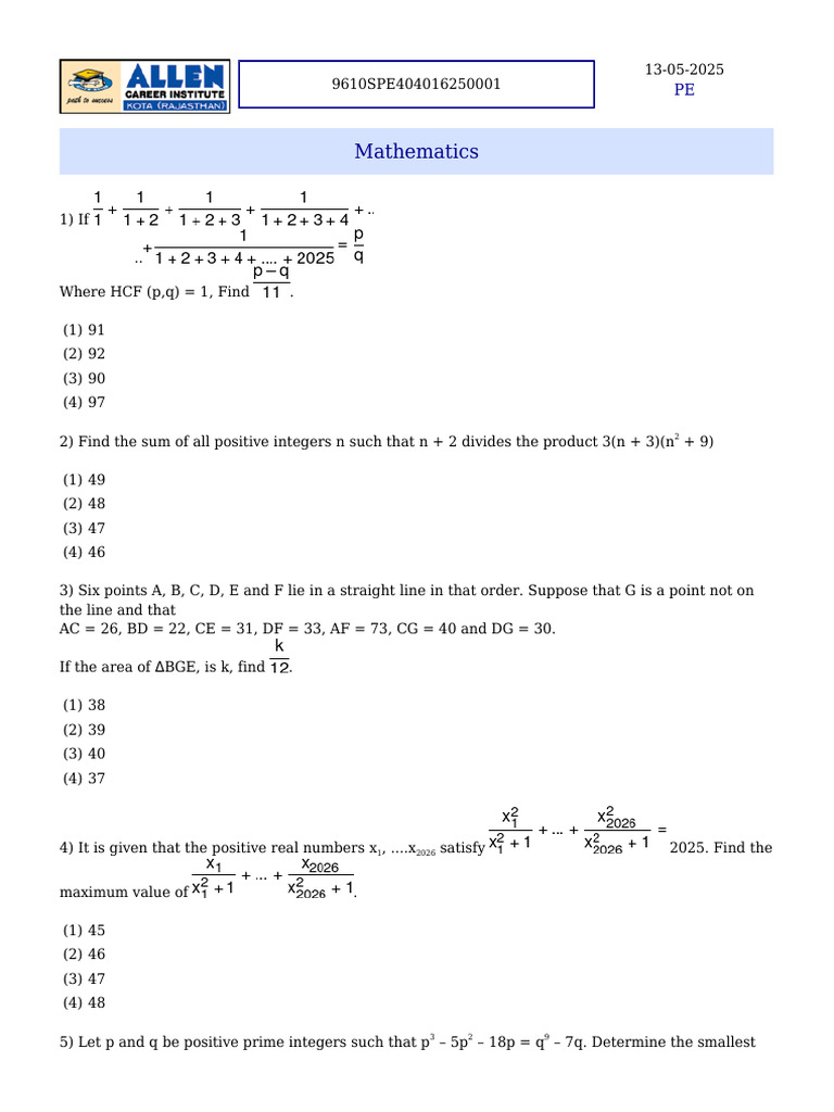 Mathematics Problem Set Solutions | PDF | Circle | Numbers