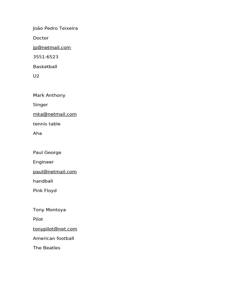 Contact List of Professionals and Hobbies | PDF