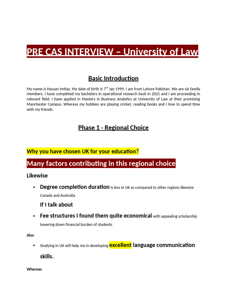 Pre CAS Interview Insights for University of Law | PDF | Analytics ...