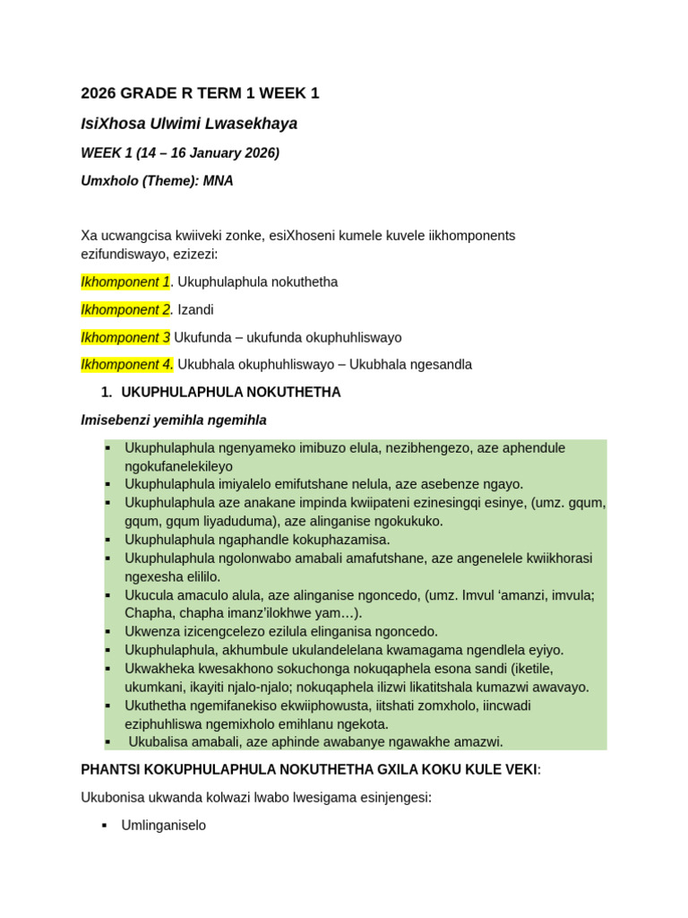 2026 Grade R Term 1 Week 1 Plan | PDF