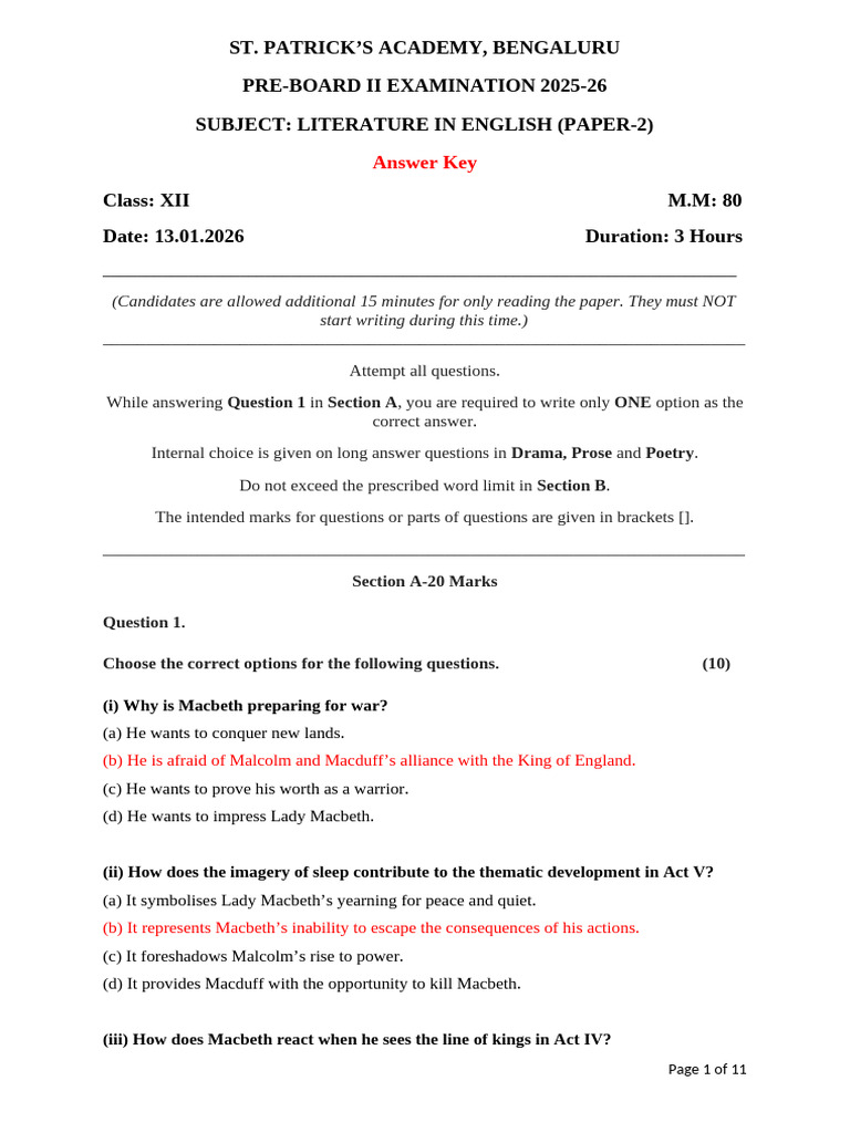 XII-Preboard II-Eng Lit Answer Key | PDF | Macbeth | Death