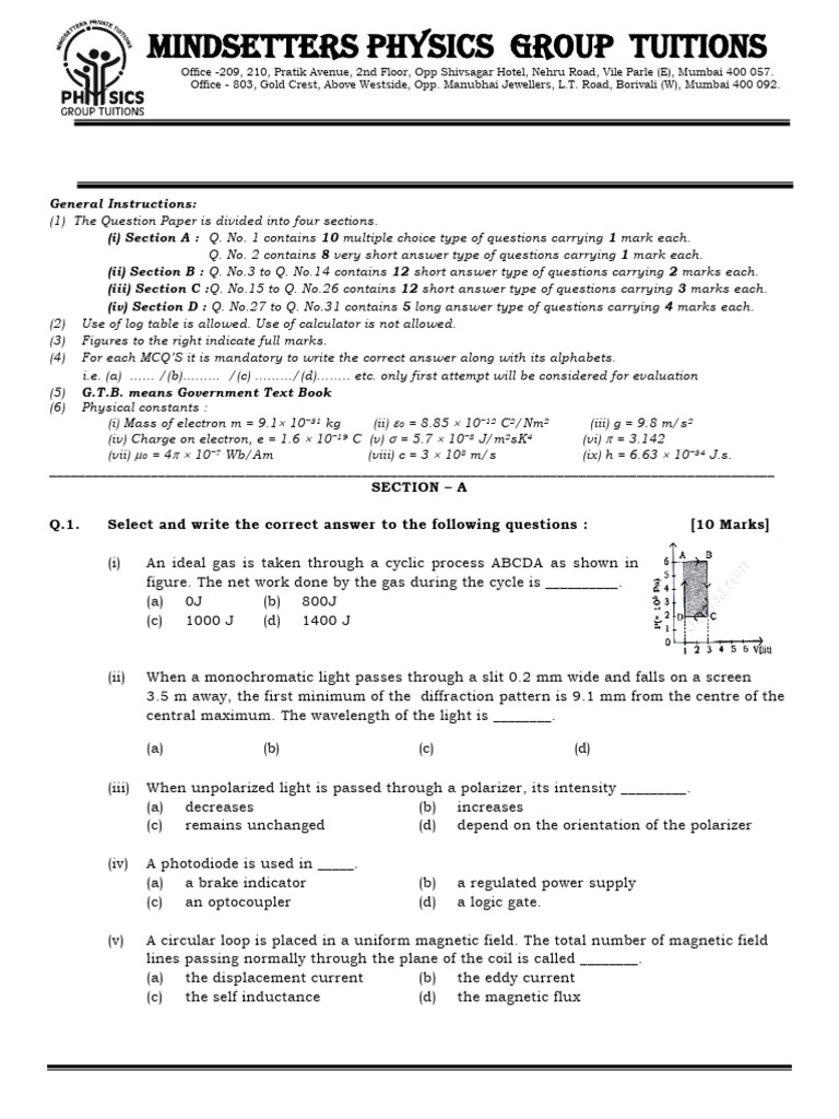 Physics XII Preliminary Exam Paper | PDF | Photoelectric Effect | Inductor
