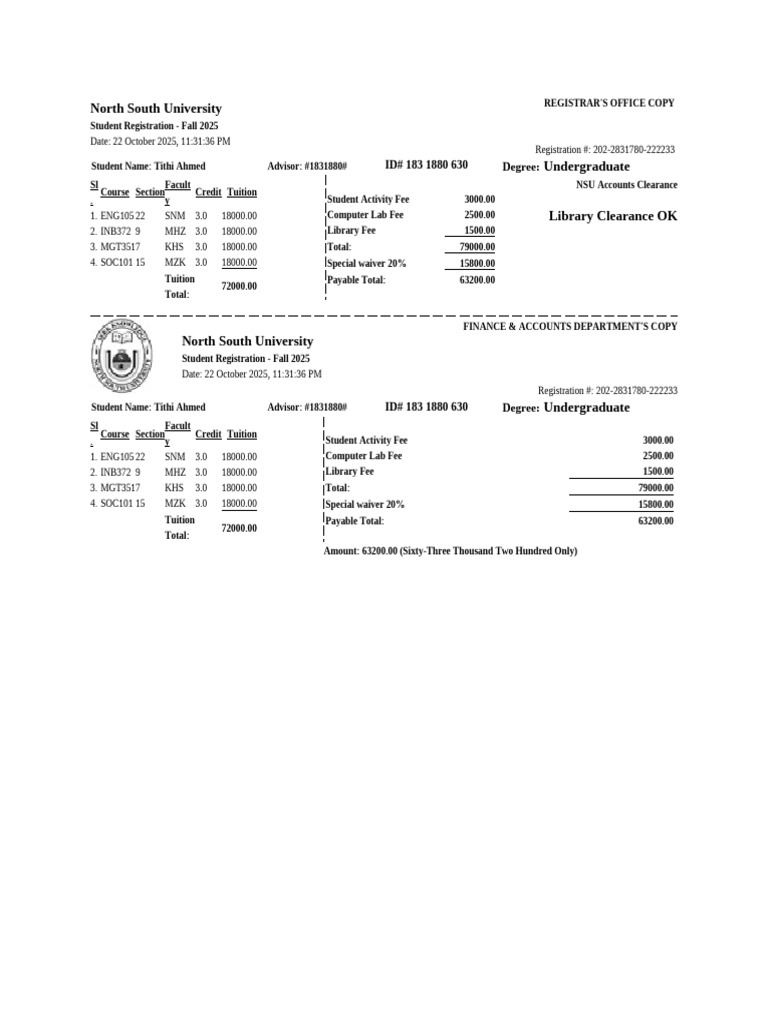 North South University Fall 2025 Registration | PDF