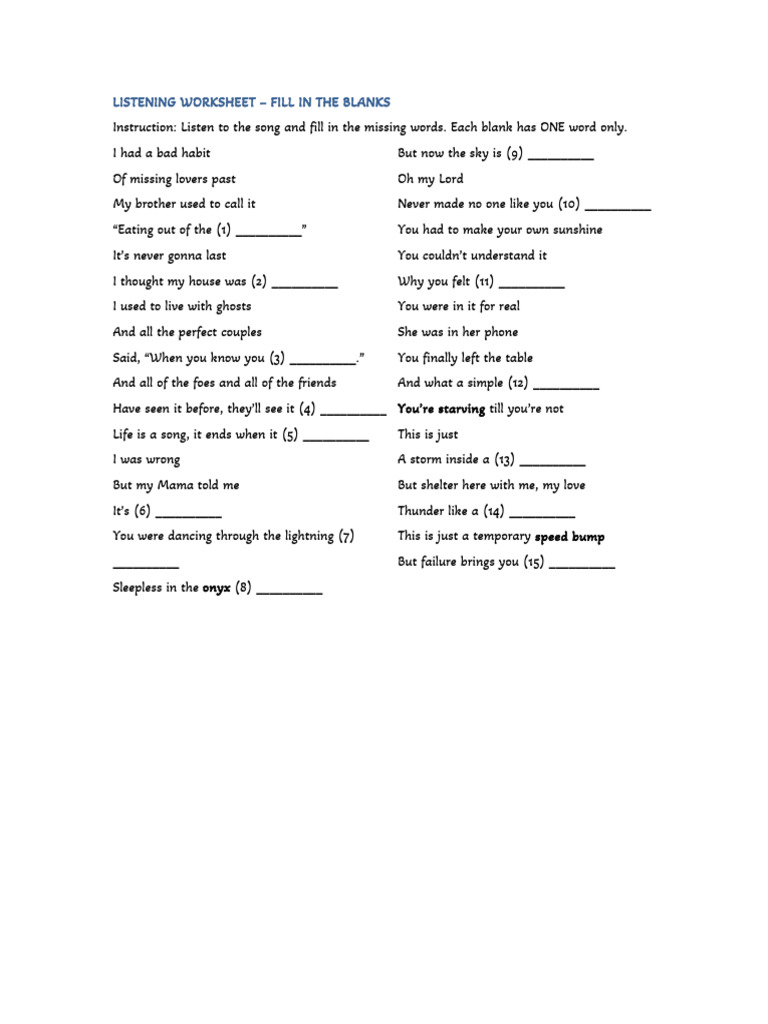 Listening Worksheet Song Cloze | PDF