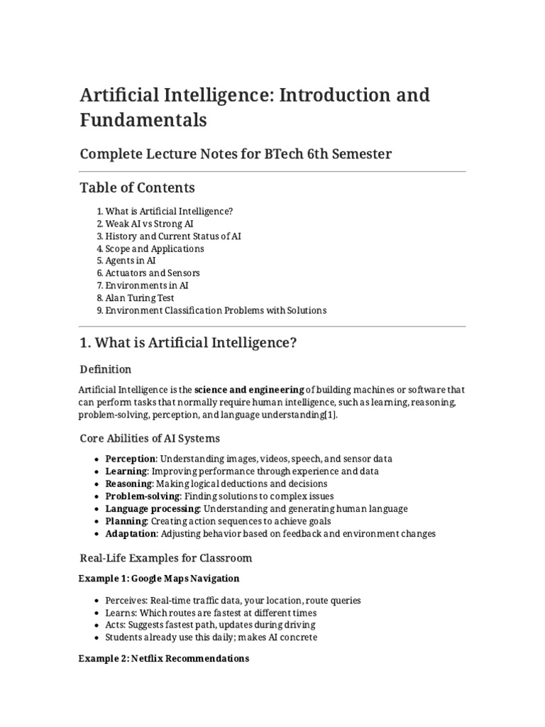 AI Introduction Lecture Notes | PDF | Artificial Intelligence ...