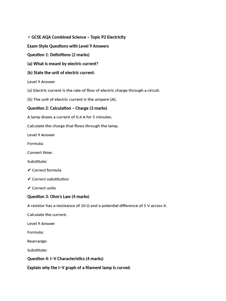 GCSE AQA Combined Science: Electricity Q&A | PDF | Electric Current ...