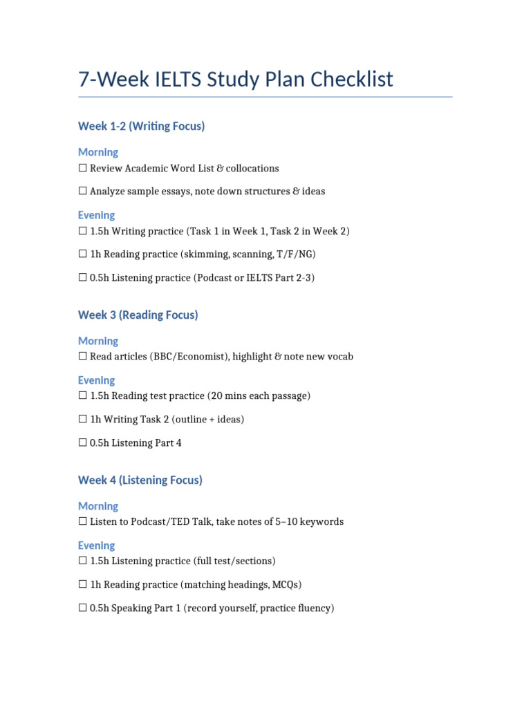 7-Week IELTS Study Plan Checklist | PDF